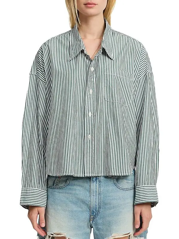 Denimist Cropped Cotton Shirt - Green Stripe