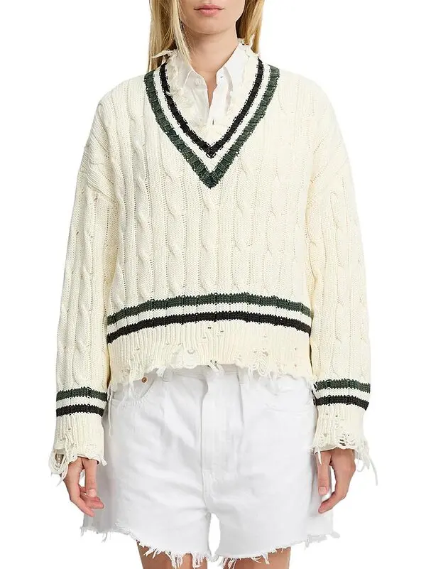 Denimist Oversized Cropped Cable Knit Tennis Sweater - Cream White Black Green