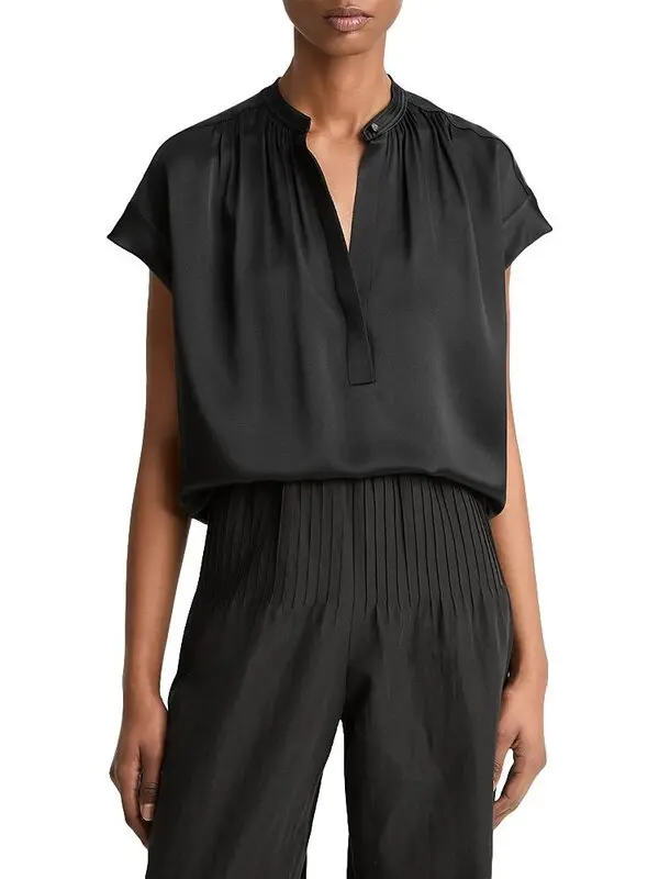 Vince Silk Gathered Neck Top - Black