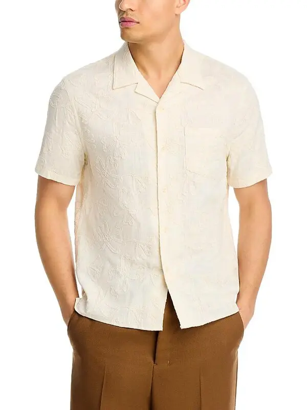 Vince Embroidered Floral Short Sleeve Cabana Shirt - Blanco