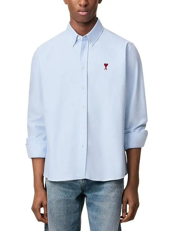 Ami Classic Long Sleeve Shirt Button Down Collar With Embroidered Adc - Sky Blue