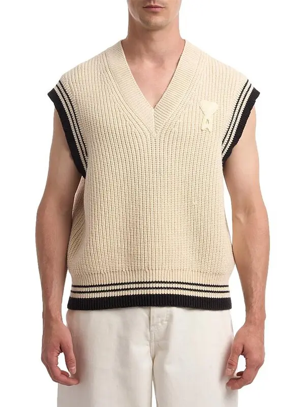 Ami V-neck Stripe Sleeveless Sweater - Blanc Creme