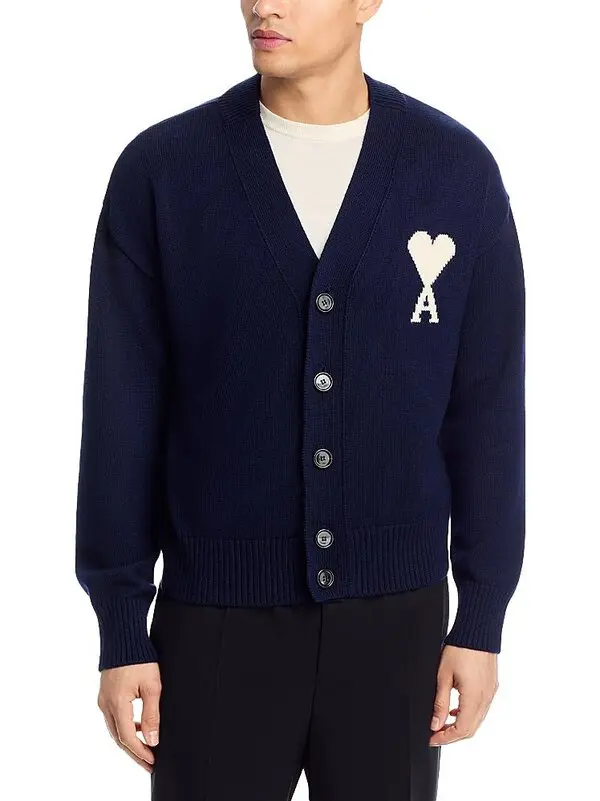 Ami Cardigan With Contrasted De Coeur - Encre/ecru