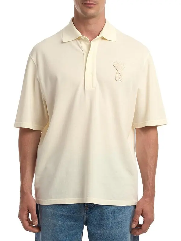 Ami Short Sleeve Polo With De Coeur Patch - Blanc Creme