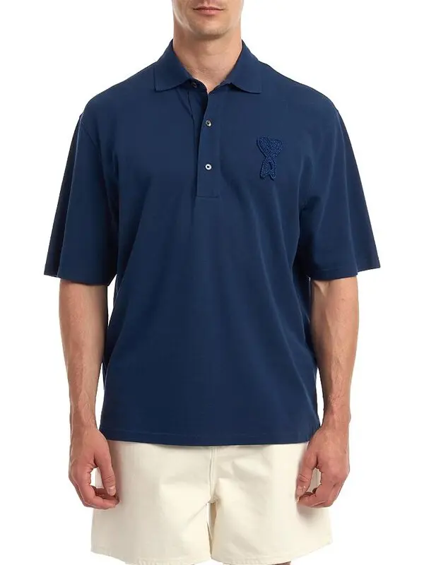Ami Short Sleeve Polo With De Coeur Patch - Encre