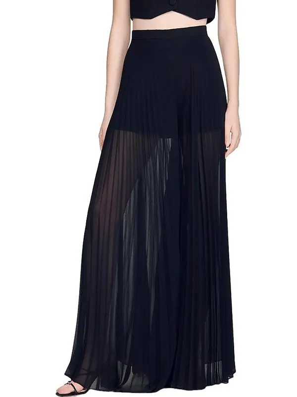 Sandro Pleated Wide Leg Trousers - Black
