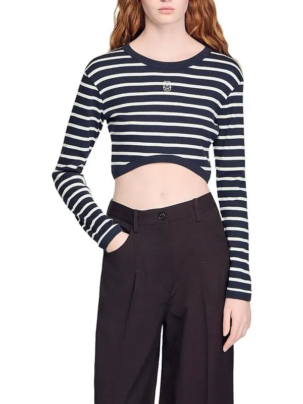 Sandro Cropped Striped Tee - Marine Blue