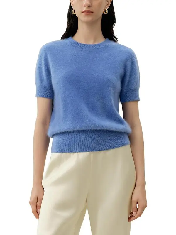 Lilysilk Brushed Cashmere Short-sleeve Sweater - Ocean Blue