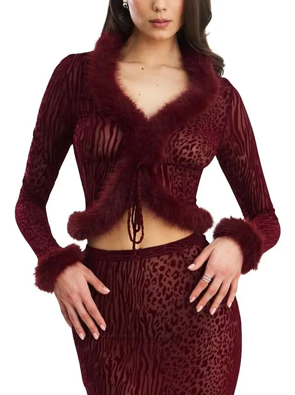MISS CIRCLE Hali Animal Print Velvet Top With Faux Fur Trim - Burgundy
