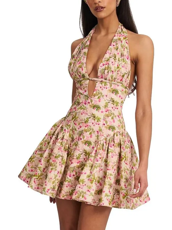 MISS CIRCLE Mackenzie Floral Print Halter Mini Dress - Pink And Green
