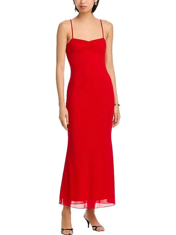 Aqua Solid Mesh Maxi Dress - Red
