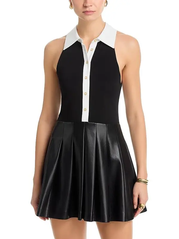 Alice + Olivia Tate Faux Leather Sleeveless Mini Dress - Black/off White