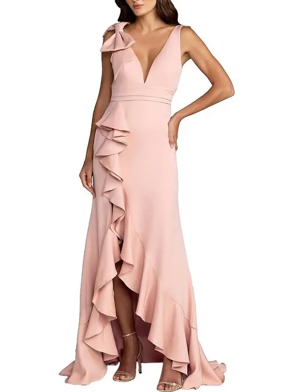 Mac Duggal Crepe Sleeveless Gown With Statement Bow And Ruffled Slit - Blush