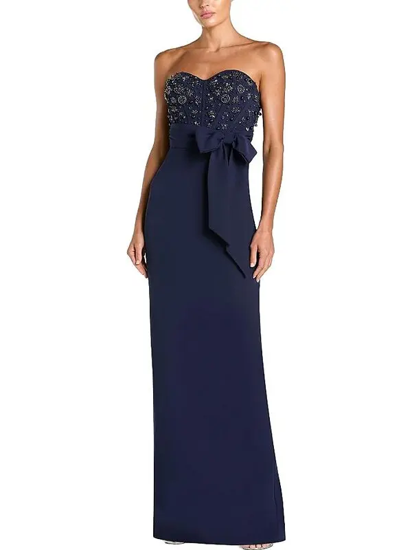 Mac Duggal Crepe Embellished Bustier Strapless Gown With Bow - Midnight