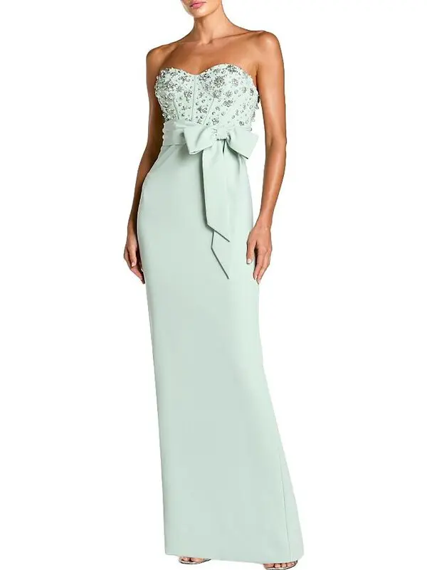 Mac Duggal Crepe Embellished Bustier Strapless Gown With Bow - Sage