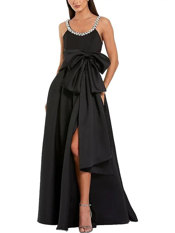 Mac Duggal Satin Gown With Pearl Neckline And Bow - Black