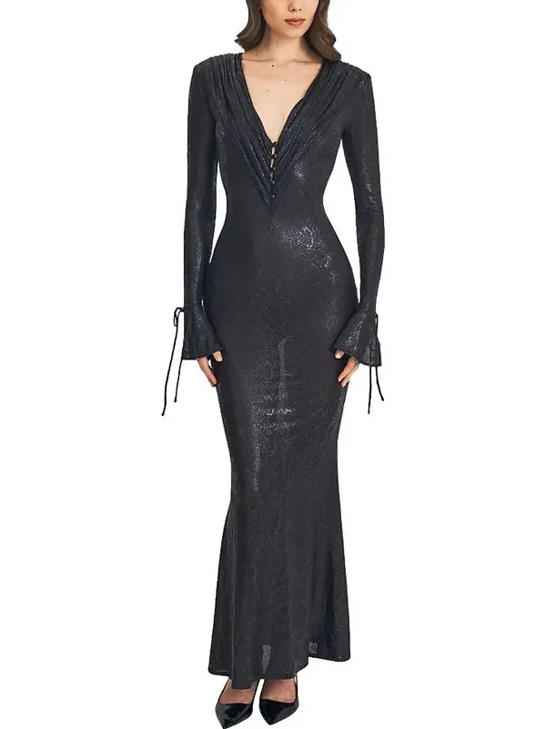 MISS CIRCLE Ilysia Snakeskin Mermaid Hem Maxi Dress - Black