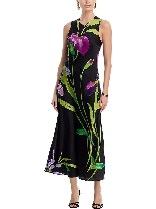 Aqua Floral Satin Midi Dress - Black Multi