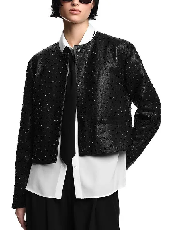 Emporio Armani Embellished Leather Jacket - Solid Black