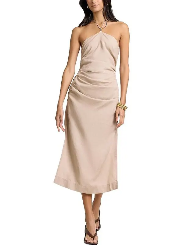 Onia Air Linen Ruched Halter Midi Dress - Jute