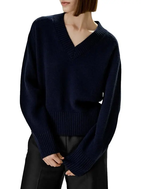 Lilysilk V-neck Wool Cashmere Blend Sweater - Navy Blue
