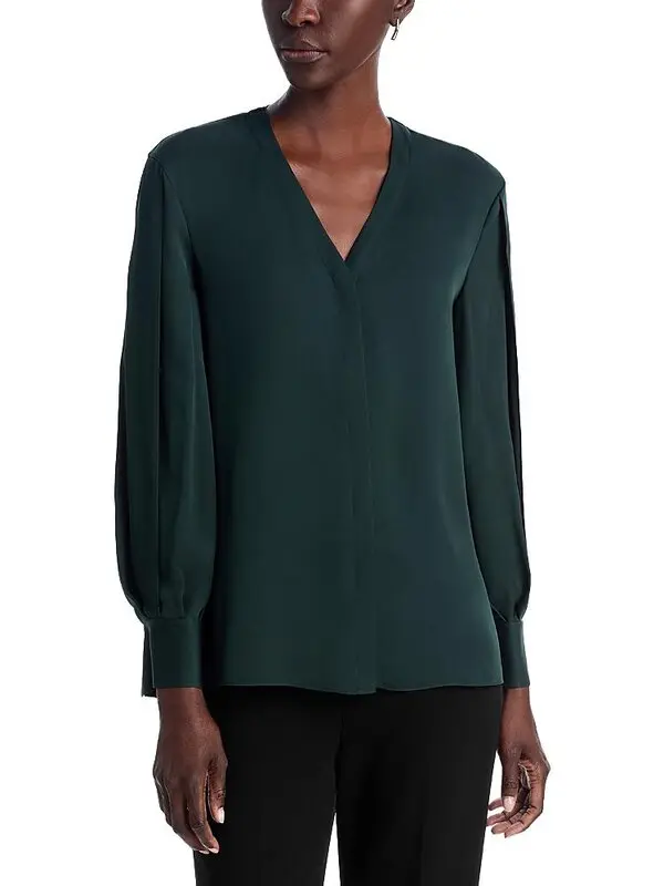 Theory Silk Volume Sleeve Blouse - Rich Green