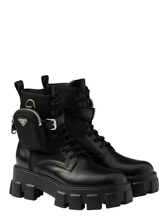 Prada Monolith Leather And Re-nylon Combat Boots With Pouch - Black