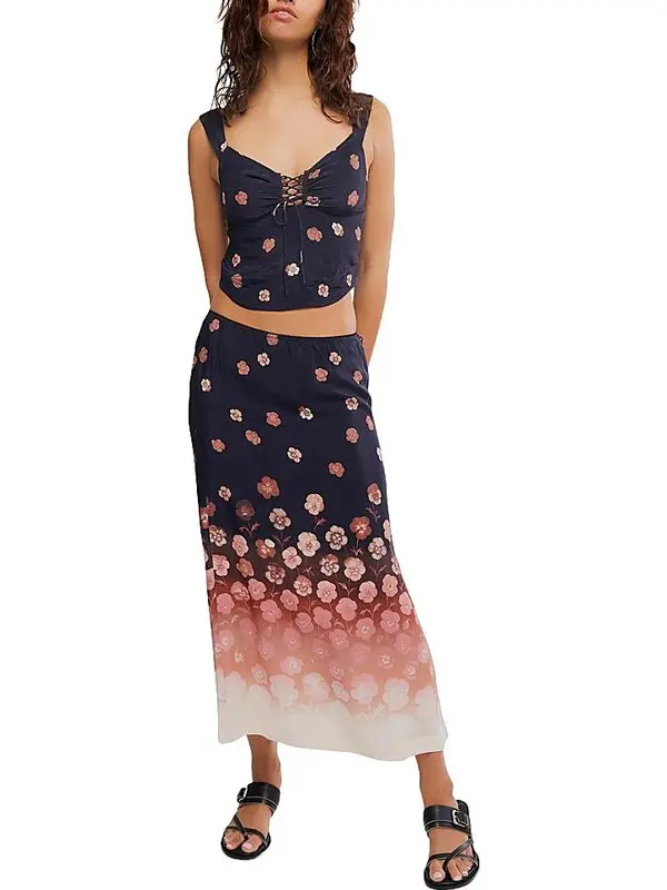 Free People Floral Print Top And Skirt Set - Dusty Blue
