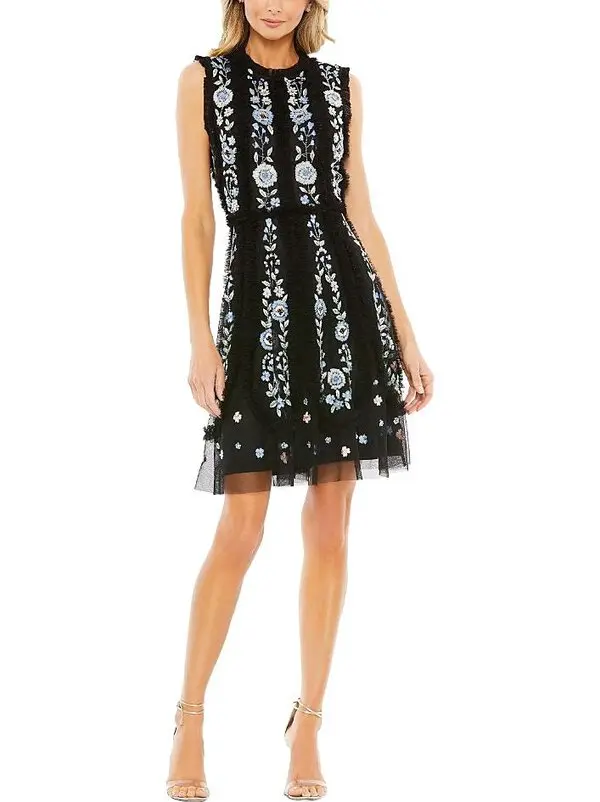 Mac Duggal Sleeveless High Neck Embroidered Mini Dress - Black
