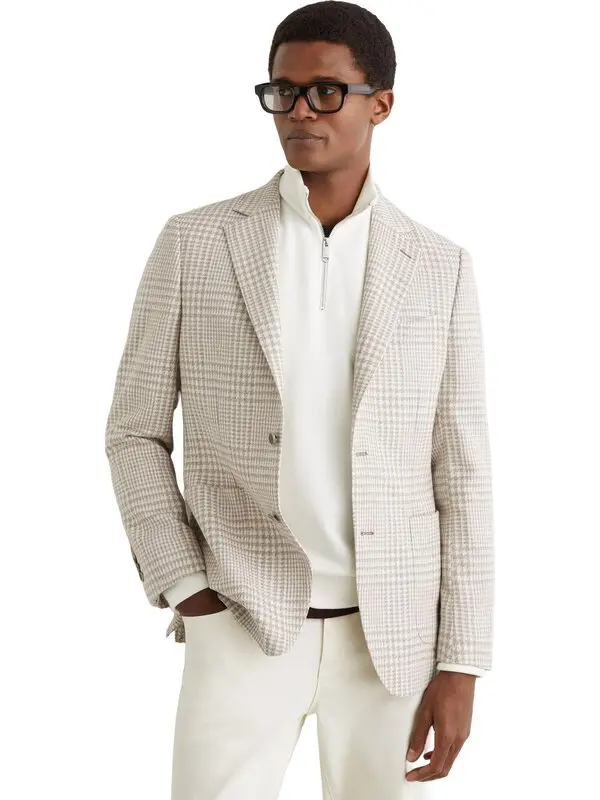 REISS Cotton And Wool Single-breasted Blazer In Check - Soft Grey