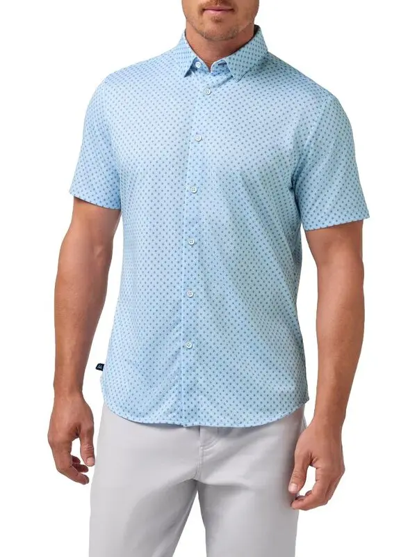 Mizzen+main Halyard Print Short Sleeve Performance Button-up Shirt - Cloud Blue Circle Dash