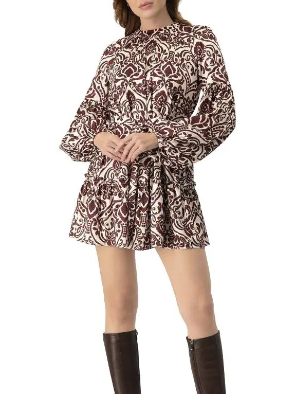 IVONNE Abstract Print Puff Sleeve Short Dress - Wine
