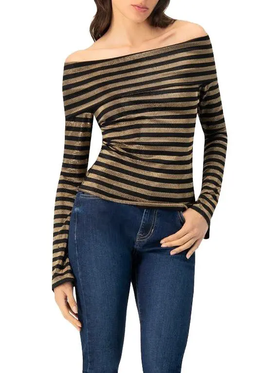 IVONNE Bardot Neckline Striped Long Sleeve Blouse - Black