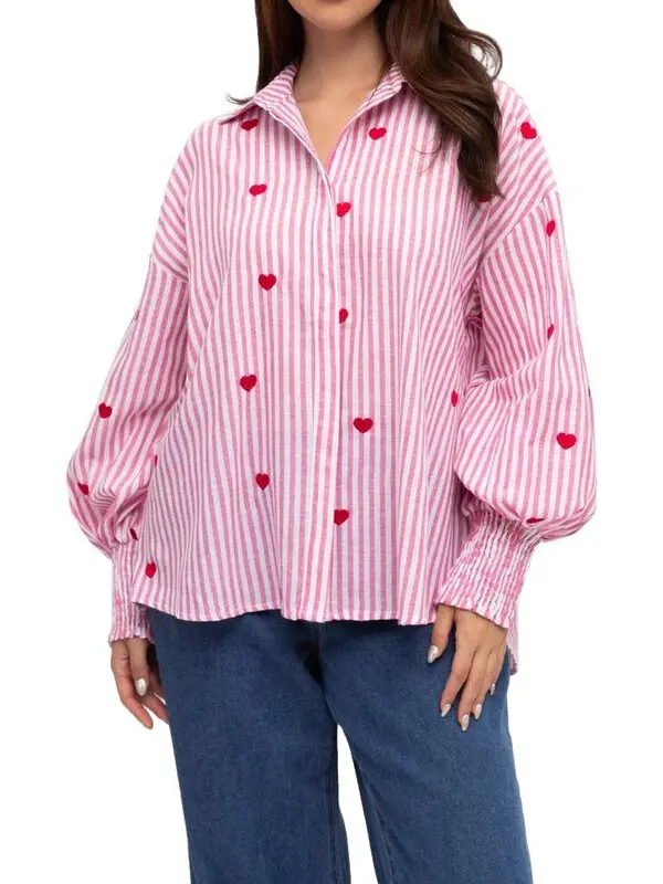 LABEL OF LOVE Heart Embroidered Shirt - Pink