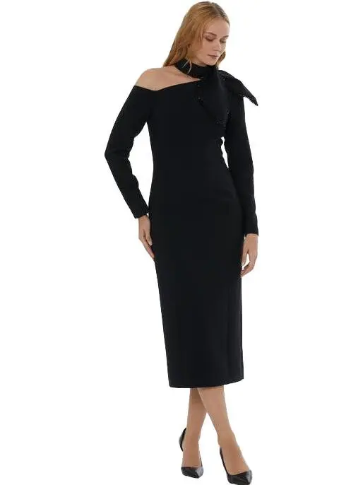 GIZIA Embroidered Midi Dress With Zip Detail - Black