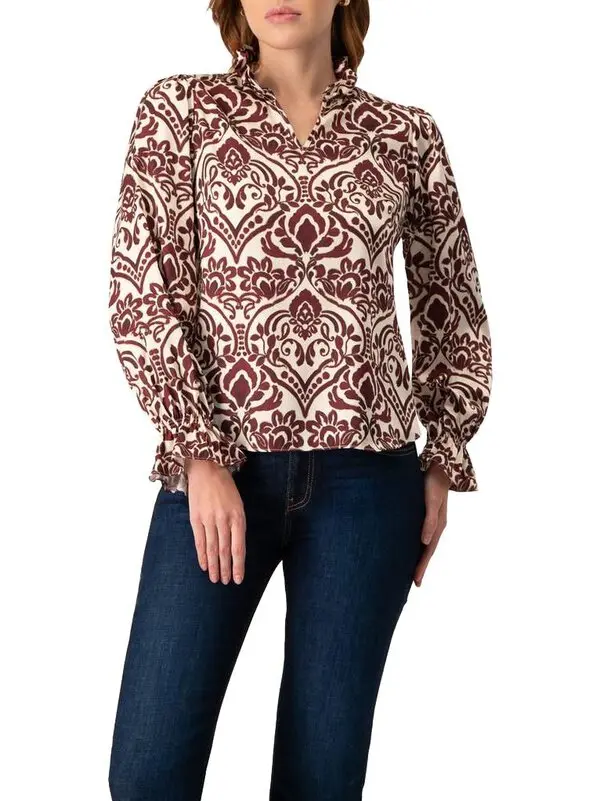 IVONNE Abstract Print Blouse With Ruffled V-neck - Wine