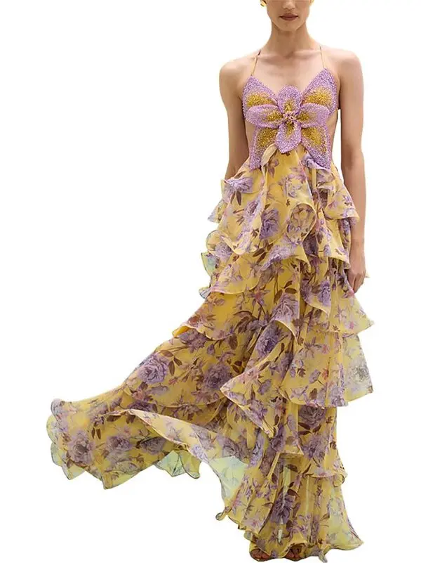 PatBO Peony Embellished Butterfly Dress - Yellow