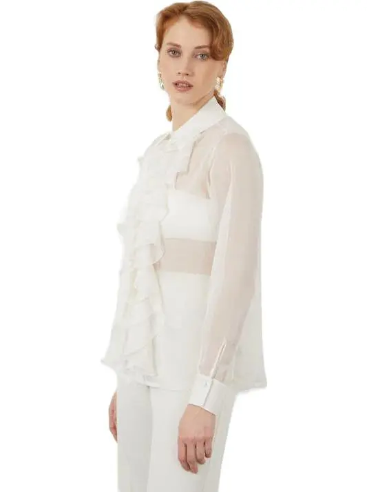 GIZIA Sheer Ruffle Front Long Sleeve Blouse - Ecru