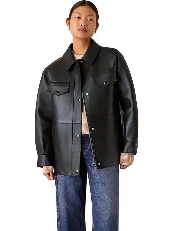 Whistles Bonded Leather Shirt Jacket - Black