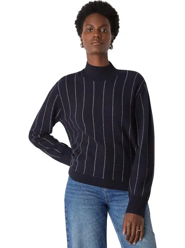 Whistles Stripe Wool Funnel Neck Knit Sweater - Navy