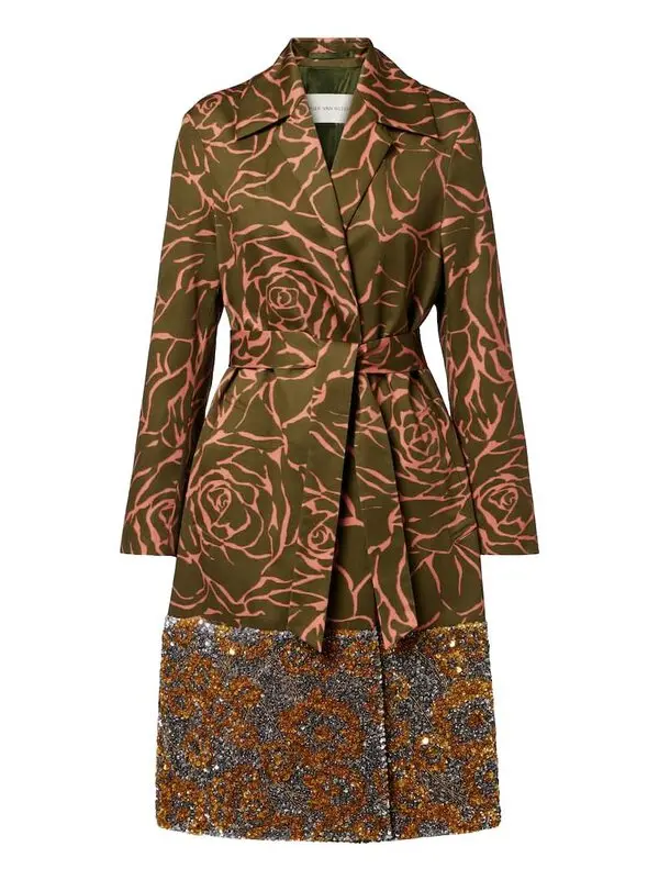 Dries Van Noten Floral Sequined Cotton Wrap Coat - Green