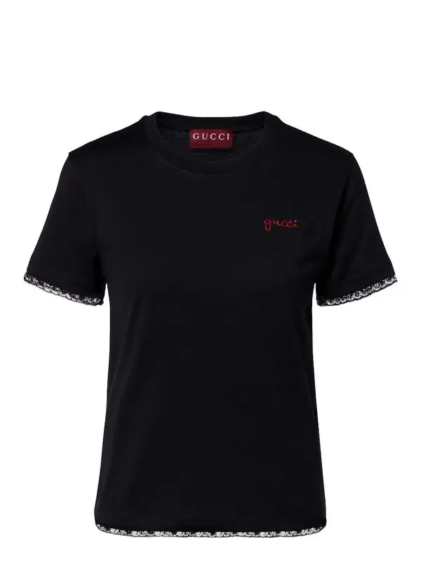 Gucci Embroidered Lace-trimmed Cotton Jersey T-shirt - Black