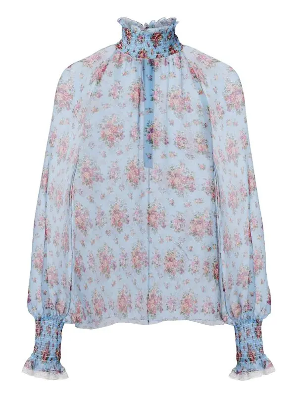 Dolce & Gabbana Floral Ruffled Silk And Cotton Blouse - Blue