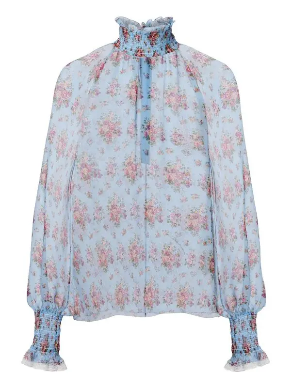 Dolce & Gabbana Floral Ruffled Silk And Cotton Blouse - Blue