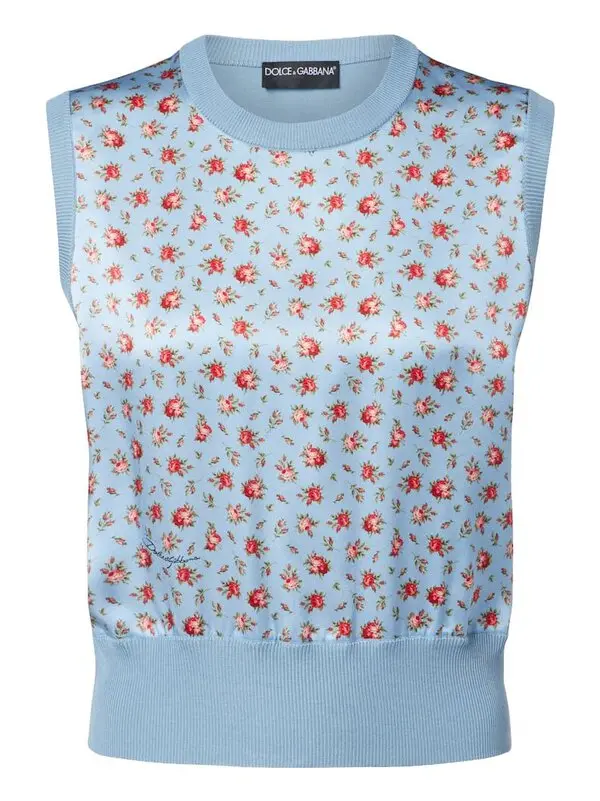 Dolce & Gabbana Floral Silk Sweater Vest - Blue