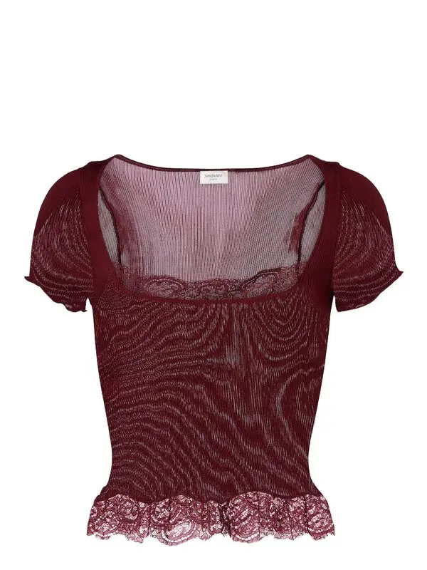 Saint Laurent Scalloped Silk Satin Top - Burgundy