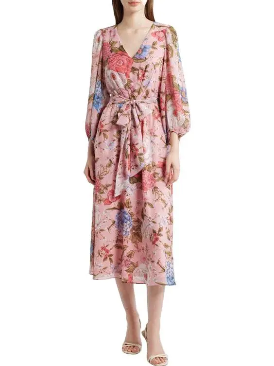 Anne Klein Floral Print Tie Waist Midi Dress - Calypso Coral Multi