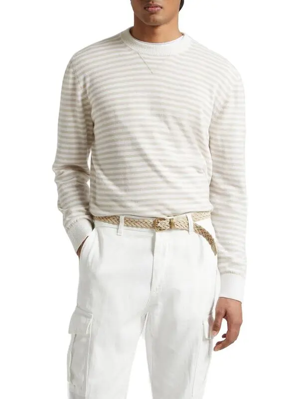 Eleventy Striped Cashmere Crewneck Sweater - 01-02 White/beige