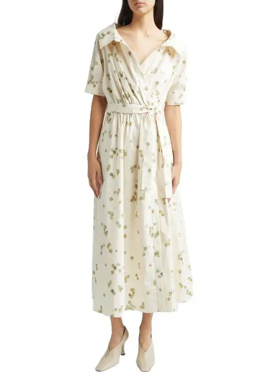 Altuzarra Lydia Stretch Cotton Poplin Wrap Shirtdress - 416102 Ivory Allover Petals