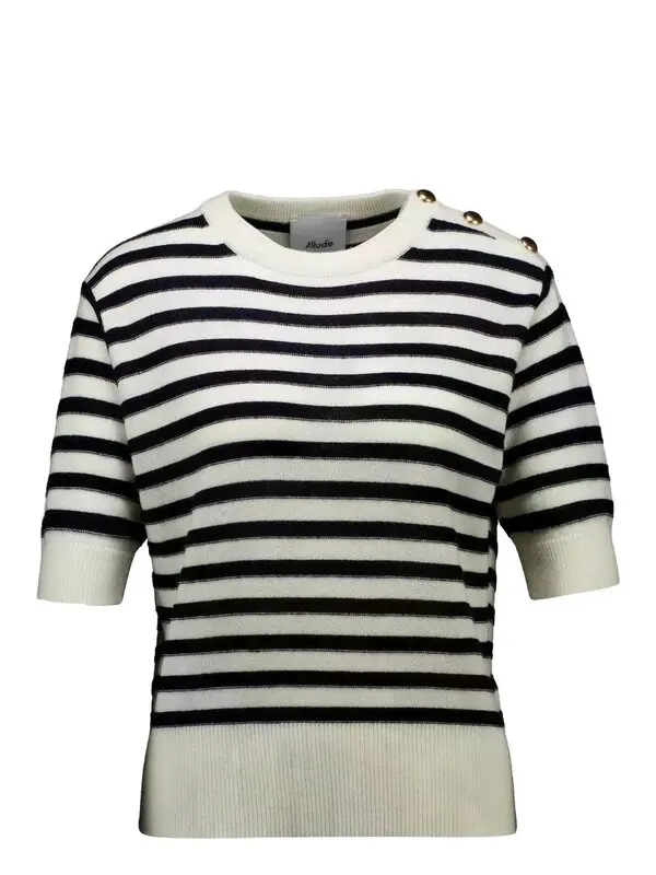 ALLUDE Striped Short-sleeve Sweater - White